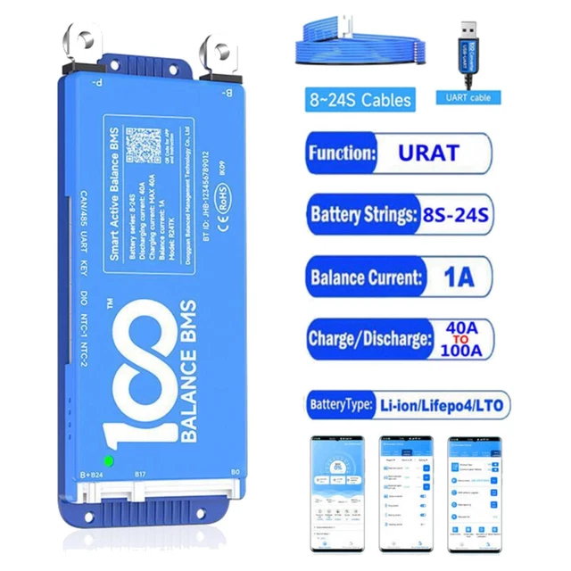 40A-100A 8S-24S LIFEPO4/LI-ION/LTO Battery Smart BMS w/Balance Build-In ...