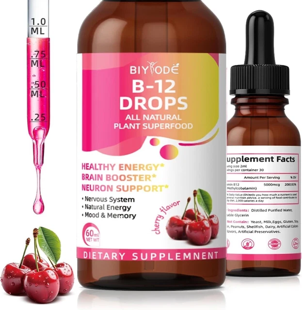 VITAMIN B12 5000 mcg Liquid Drops All Natural Plant Superfood Healthy ...