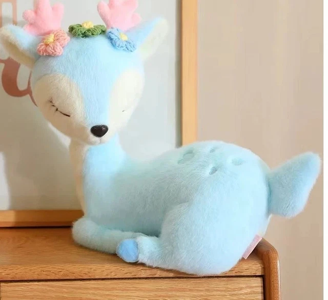 BLUE FAWN DEER cuddly soft toy, sleeping reindeer blue with pink ...
