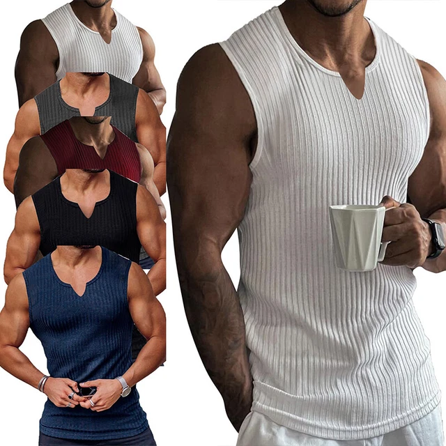MENS ATHLETIC TANK Top Solid Color Muscle Shirts Exercise Sports Vest ...