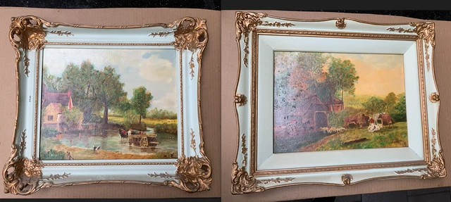 2 VINTAGE ORIGINAL Landscape Oil Paintings Ornate Gold White Frames ...