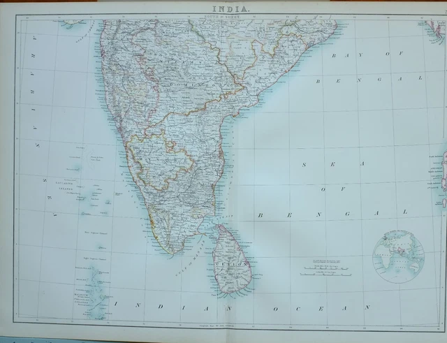 1890 ANCIEN CARTE Sud Inde Ceylan Mysore Nizams Dominions Madras ...