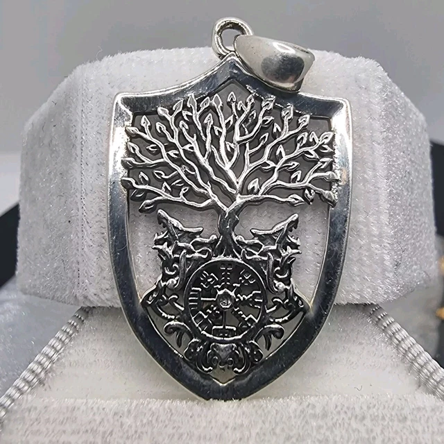 YGGDRASIL VIKING TREE of Life Wolf Crest Pendant 925 Sterling Silver ...