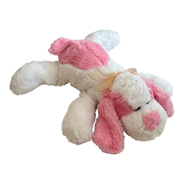 VINTAGE FLOPPY PINK White Dog Soft Toy Plush 00s Ribbon Bow 14 ...