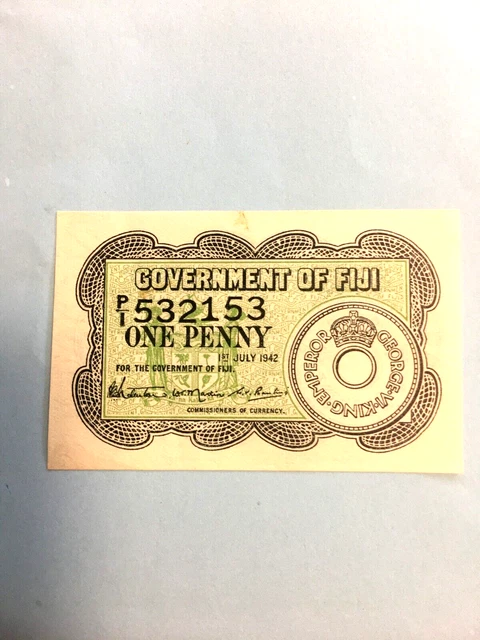 GOVERNMENT OF FIJI 1942 One Penny 1d emergency issue banknote KGVI $20. ...