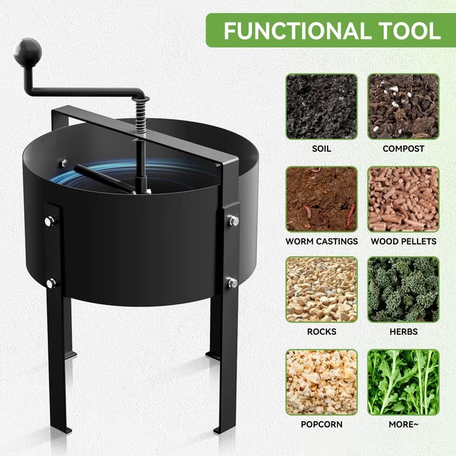 ROTARY SOIL SIFTER Compost Sieve Large Earth Riddle Screener w/ Gloves ...