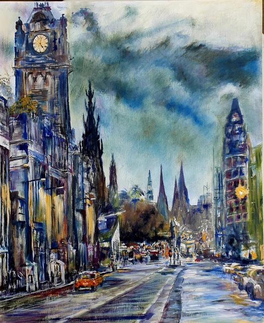EDINBURGH PRINCES STREET Original Oil Painting 24" × 19" Moody Sky ...
