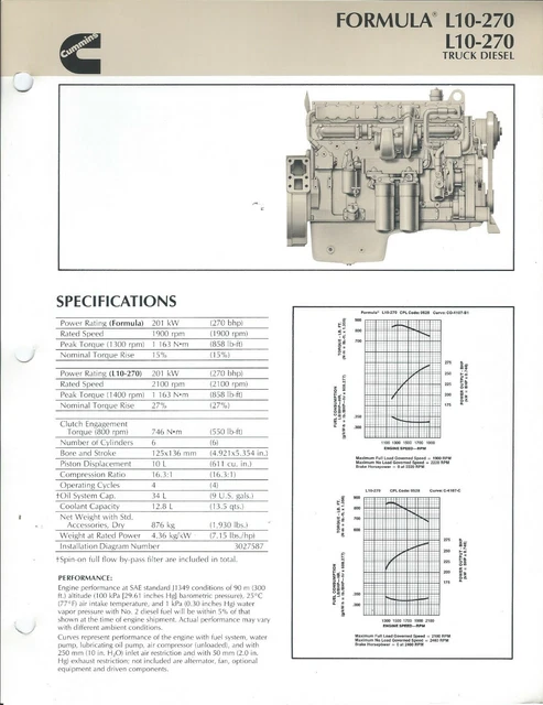 TRUCK ENGINE DATA Sheet - Cummins - Formula L10-270 / L10-270 - c1984 ...