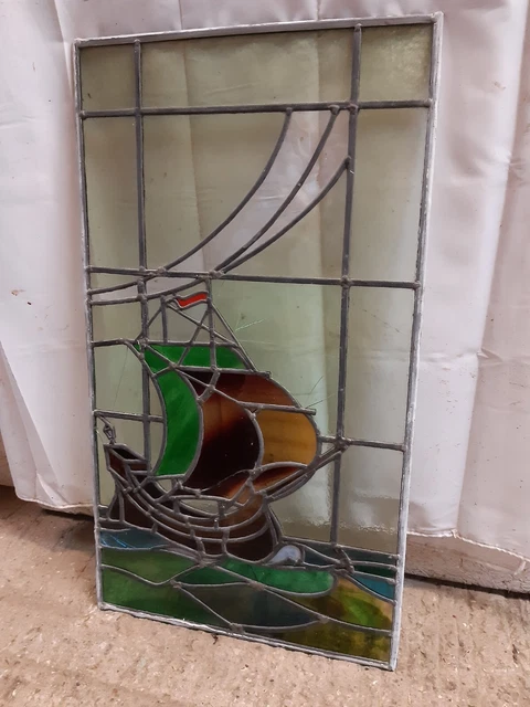 OLD STAINED GLASS window panel- galleon £50.00 - PicClick UK