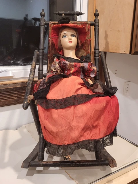 1920S RED HAIR Boudoir Doll in original silk taffeta black lace red ...