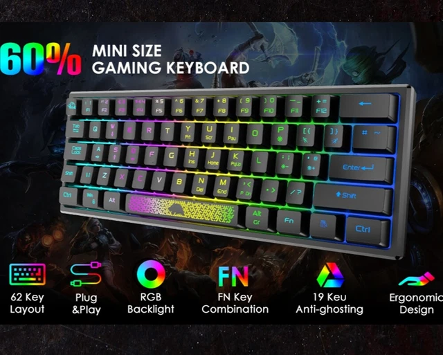 62 KEY LAYOUT Wired RGB Backlit Gaming Keyboard Mechanical Feel ...