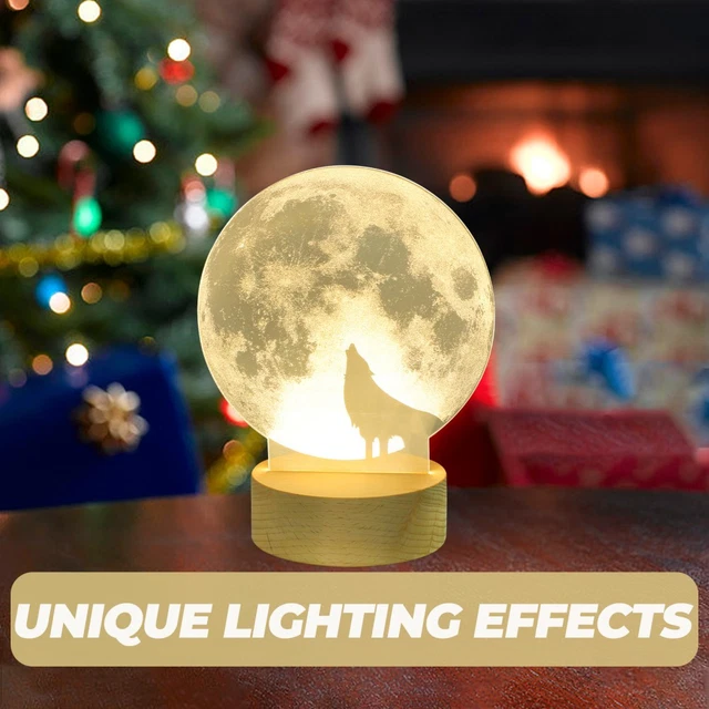 3D WOLF NIGHT Light LED Wooden Base Table Lamp USB Decorative Lights ...