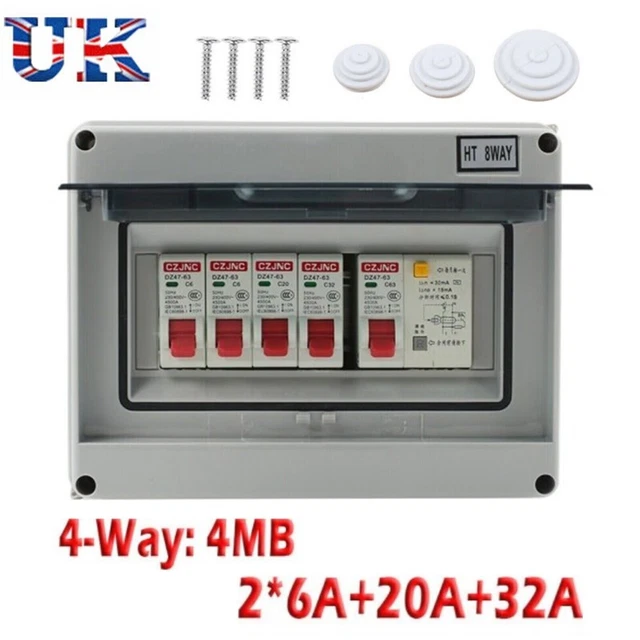 4 WAY CONSUMER Unit fuse box 4 MCB Circuit Breaker Isolator Shed Garage ...