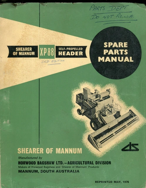 SHEARER OF MANNUM XP88 1976 self-propelled Header parts Manual EUR 32 ...