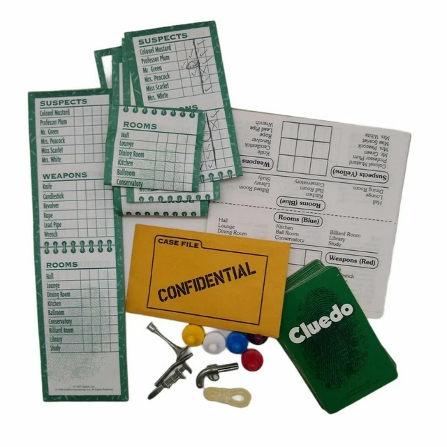 CLUEDO GAME PARTS Weapons Cards Envelope Characters Clue Sheet Papers ...