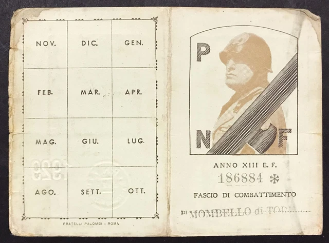 TESSERA P.N.F. PNF ANNO XIII ERA FASCISTA fascio di Mombello di Torino ...