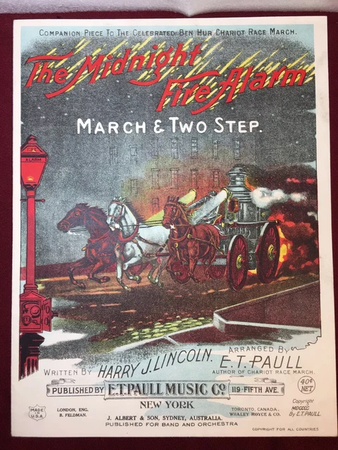 THE MIDNIGHT FIRE Alarm Steam Pumper Sheet Music Cover Fire Dept Art ...