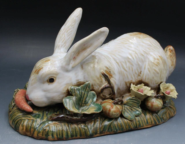 ANTIQUE MAJOLICA ART Pottery Bunny Rabbit Figural Centerpiece Sculpture ...