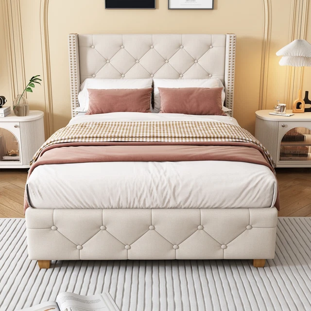 UPHOLSTERED BED FRAME Single Bed with Button Tufted Headboard & Wing ...