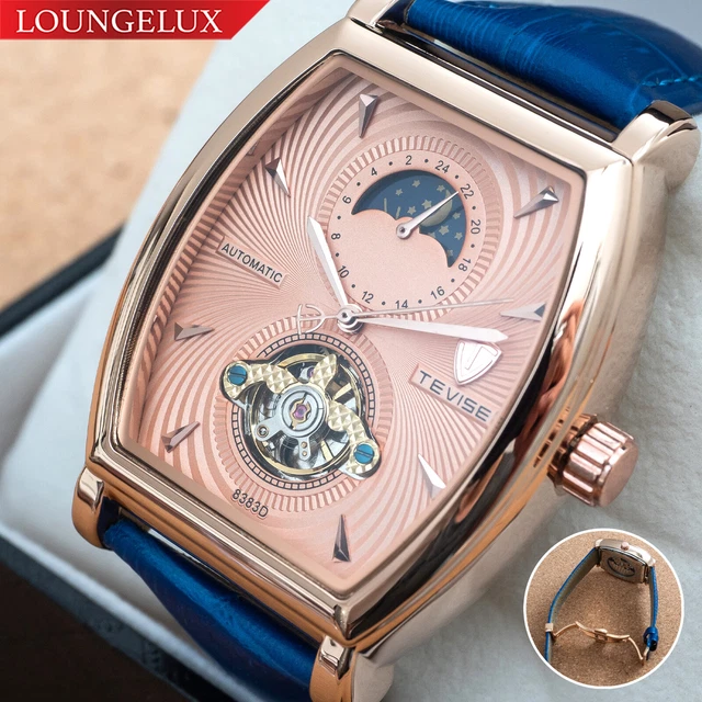 MENS ROSE GOLD Moon Phase Automatic Mechanical Watch Blue Leather 24HR ...