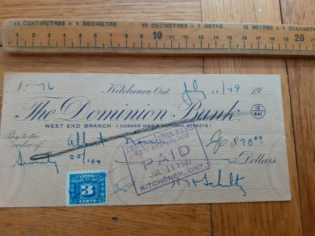 1949 THE DOMINION Bank Kitchener Ontario cheque £8.00 - PicClick UK