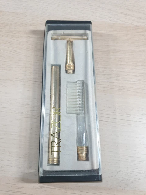 RARE VINTAGE TRAZOR Travel Razor 3 Pc Set Shaver Toothbrush Screw On ...