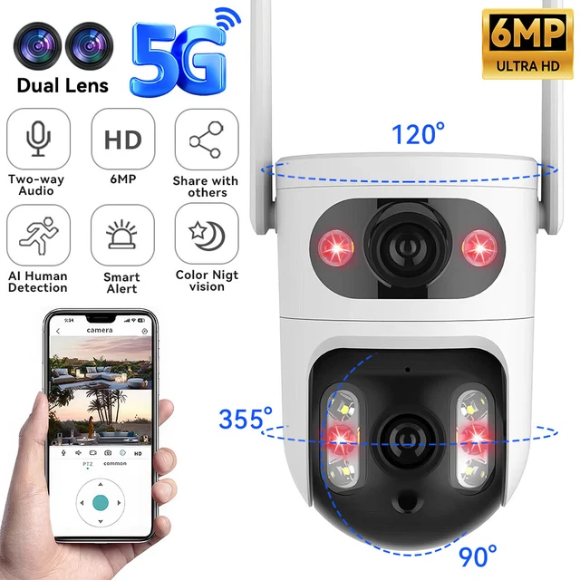 5G DUAL LENS 6MP Wireless WIFI Camera outdoor CCTV PTZ Smart Home ...