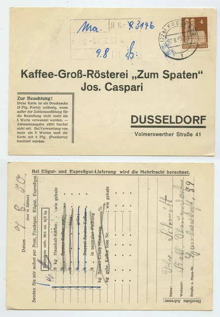 107281 - KOBLENZ 7.8.1950 nach Düsseldorf - Kaffee-Groß-Rösterei "Zum Spaten" £4.29 - PicClick UK