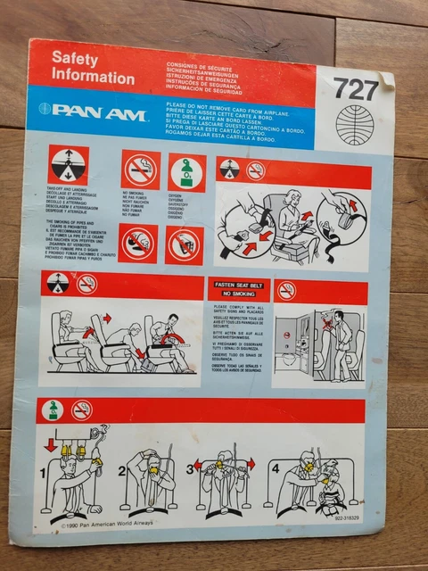 PAN AM BOEING B727 Safety Card (1990) $12.50 - PicClick CA