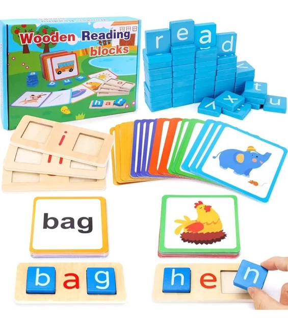 WOODEN READING BLOCKS - Easy Find Letters, Reading & Spelling Words £14 ...