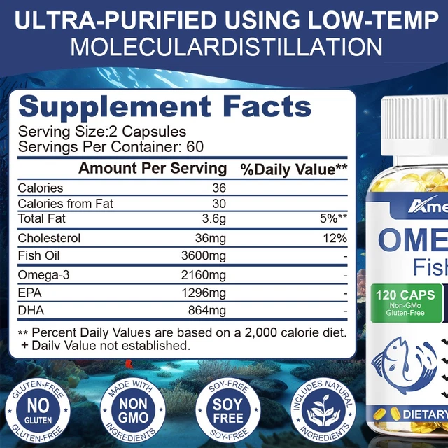 OMEGA 3 3600MG Fish Oil - 1296mg EPA/864mg DHA High Dose -Brain Heart ...