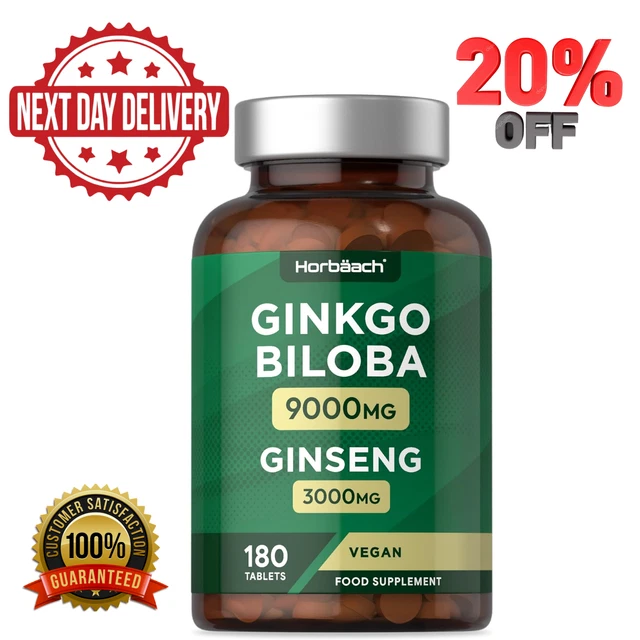 GINKGO BILOBA & Ginseng Tablet 9000mg & 3000mg, 180 Vegan Tablets, High ...