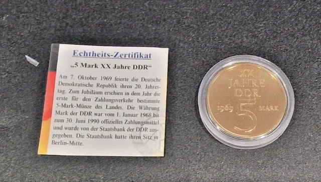 5 MARK DDR 1969 "20 Jahre DDR" 24 Karat vergoldet mit Zertifikat EUR 19 ...