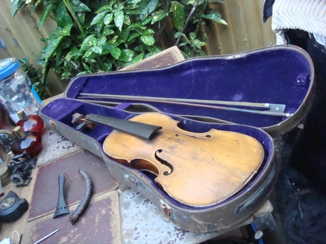 OLD VINTAGE ANTIQUE Violin With Bow In Case For Restoration Spare To ...
