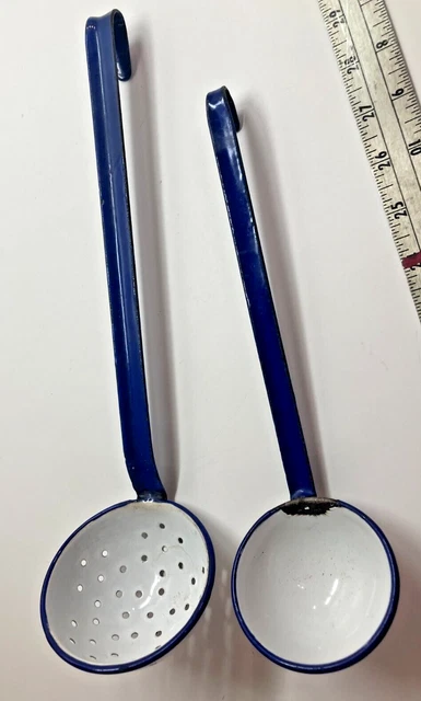VINTAGE ENAMELWARE FARMHOUSE Ladle Skimmer Dipper & Strainer Ladle ...