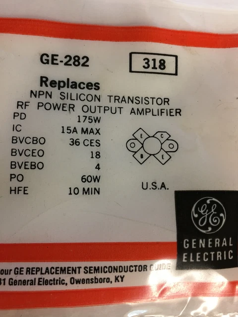 GE-282 TRANSISTOR NPN Silicon 36V IC=6A Po=50W Cb And RF Power SAME AS ...