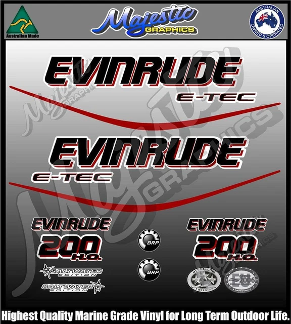 EVINRUDE ETEC 200HP H.O - BIG BLOCK - DECAL SET - OUTBOARD DECALS $90. ...