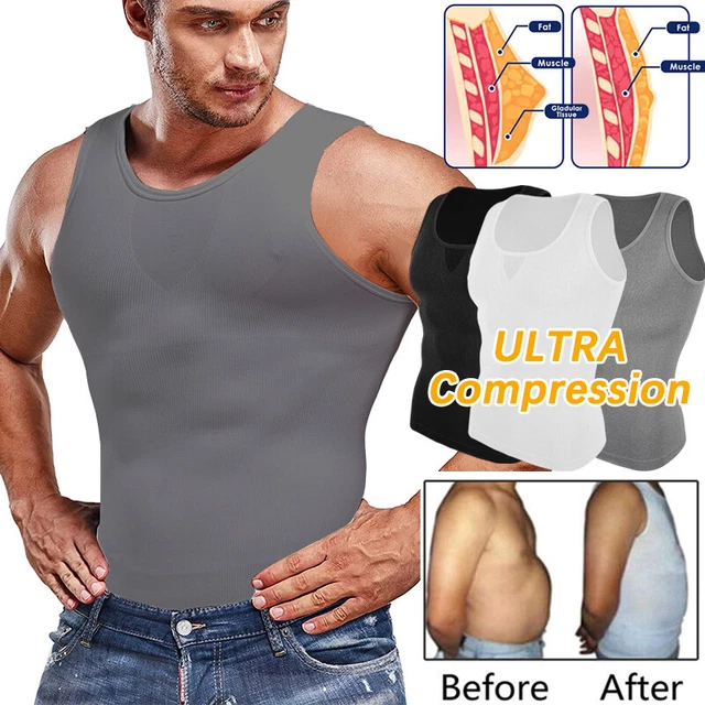 MENS BODY SHAPER Slimming Vest Moobs Chest Ultra Compression Tank Top ...