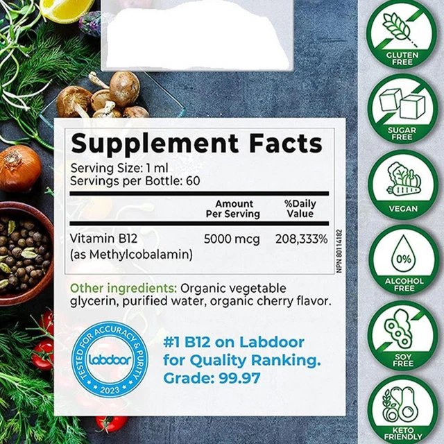 ORGANIC METHYL VITAMIN B12 Liquid (Extra Strength & Vegan 5,000 mcg Lot ...