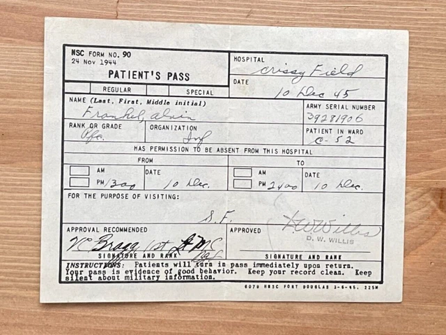 VINTAGE WWII 1945 Torney General Hospital Patients Pass Military ...