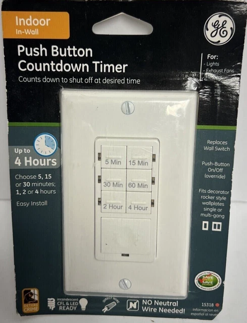 GE 15318 IN-WALL Push Button Countdown Timer White Programmable. NEW ...