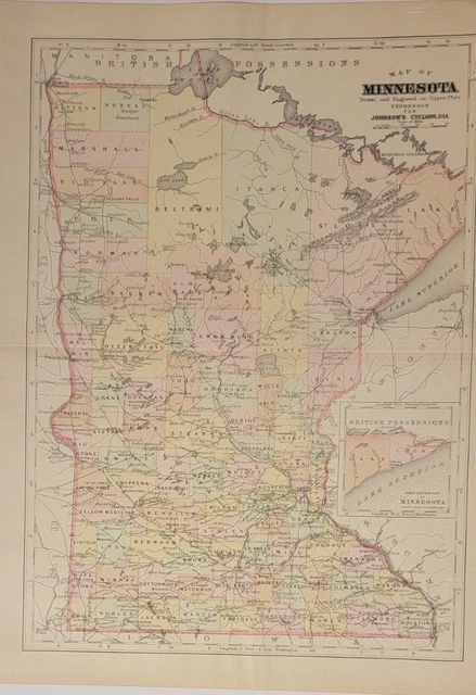 ANTIQUE COPPERPLATE HAND colored map Minnesota Johnson's Cyclopaedia ...