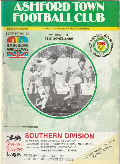 ASHFORD TOWN V Stockport County, 25 July 1990, Pre-season Friendly £2. ...