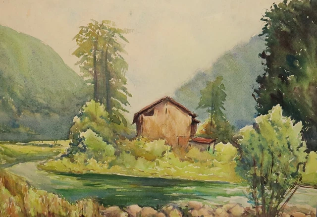 PAYSAGE DE LAC de forêt de peinture à l'aquarelle réaliste antique EUR 156,58 - PicClick FR