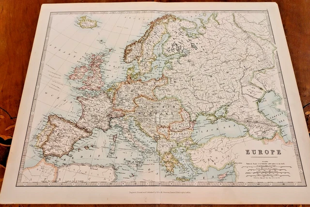 1900 JOHNSTON COLOUR Atlas Map Chart Continent Europe Turkey Russia ...