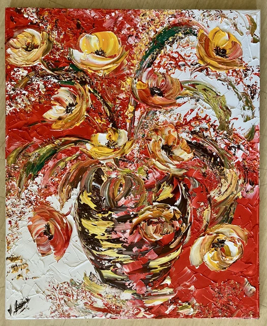 TABLEAU BOUQUET FLEURS rouge et blanc 50x60cm peinture toile V. Linard ...