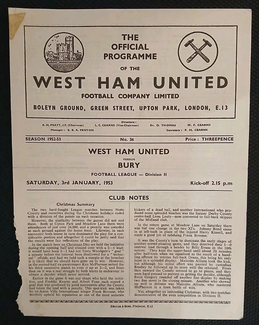 WEST HAM UNITED Home Programme v Bury 03/01/1953. £2.95 - PicClick UK