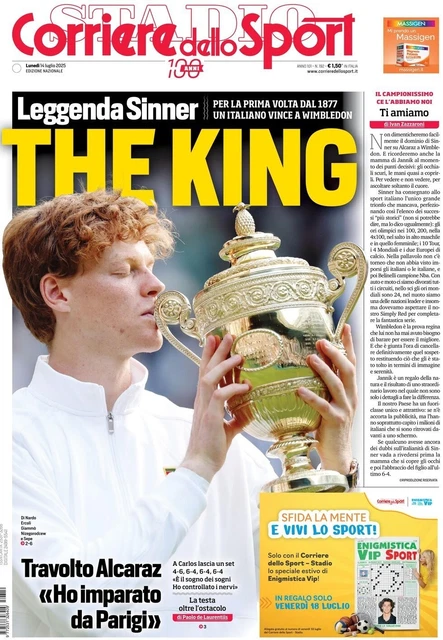 CORRIERE DELLO SPORT 14/7/2025 Jannik Sinner vs-Alcaraz 3-1 Wimbledon ...