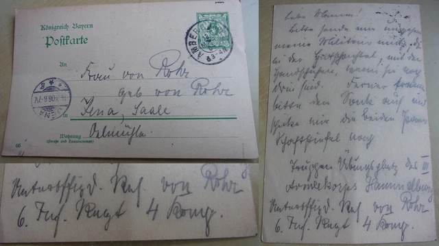 ADEL: POSTKARTE AMBERG 1906, Unteroffizier Paul von ROHR (1879-1914) an ...