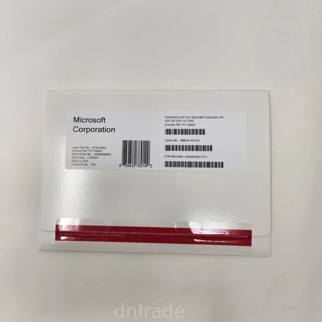 WINDOWS SERVER 2025 Datacenter 16-Core 64-Bit DVD Kit + Product Key ...